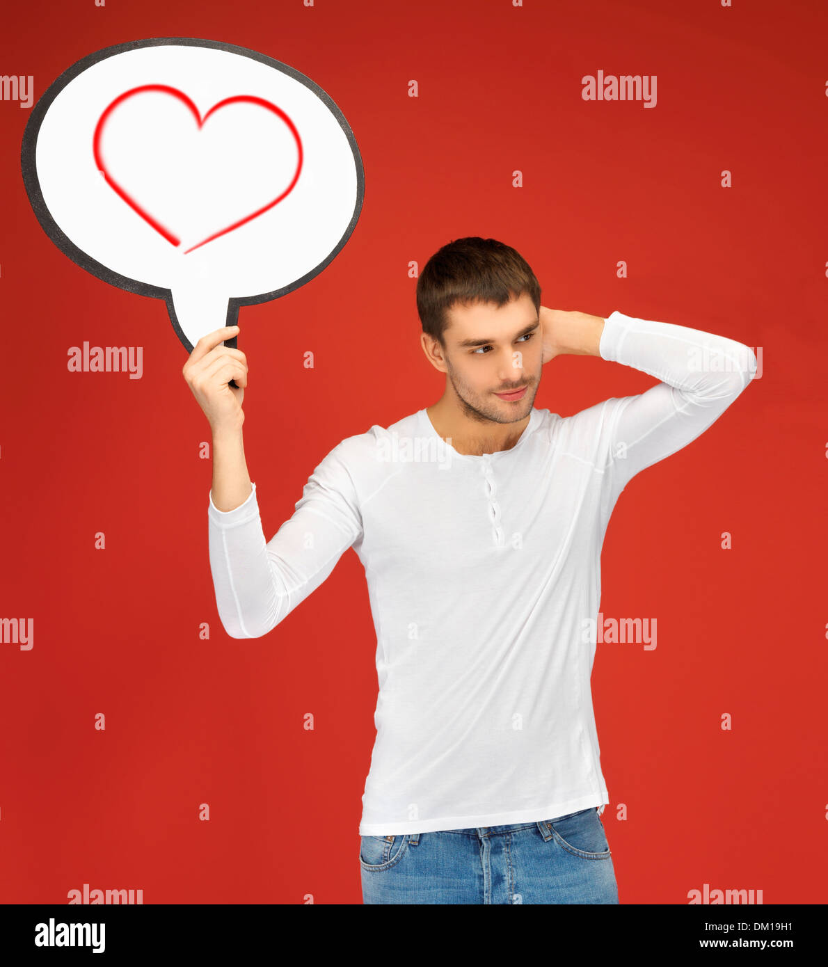pensive man with text bubble and heart in it Stock Photo - Alamy