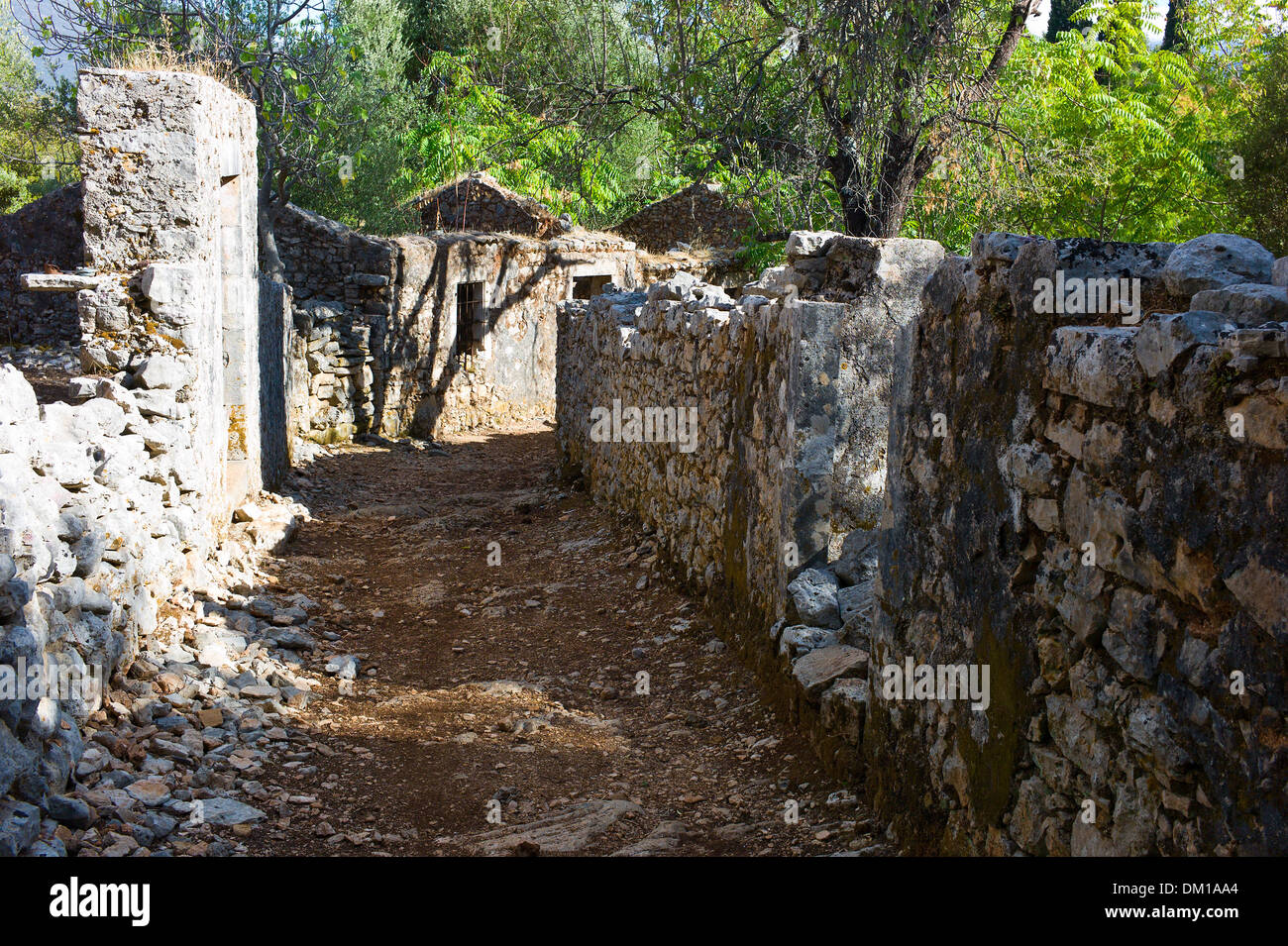 Street in the ruined village of Palia Vlahata near Sami, Kefalonia ...