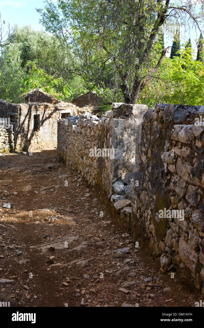 Street in the ruined village of Palia Vlahata near Sami, Kefalonia ...