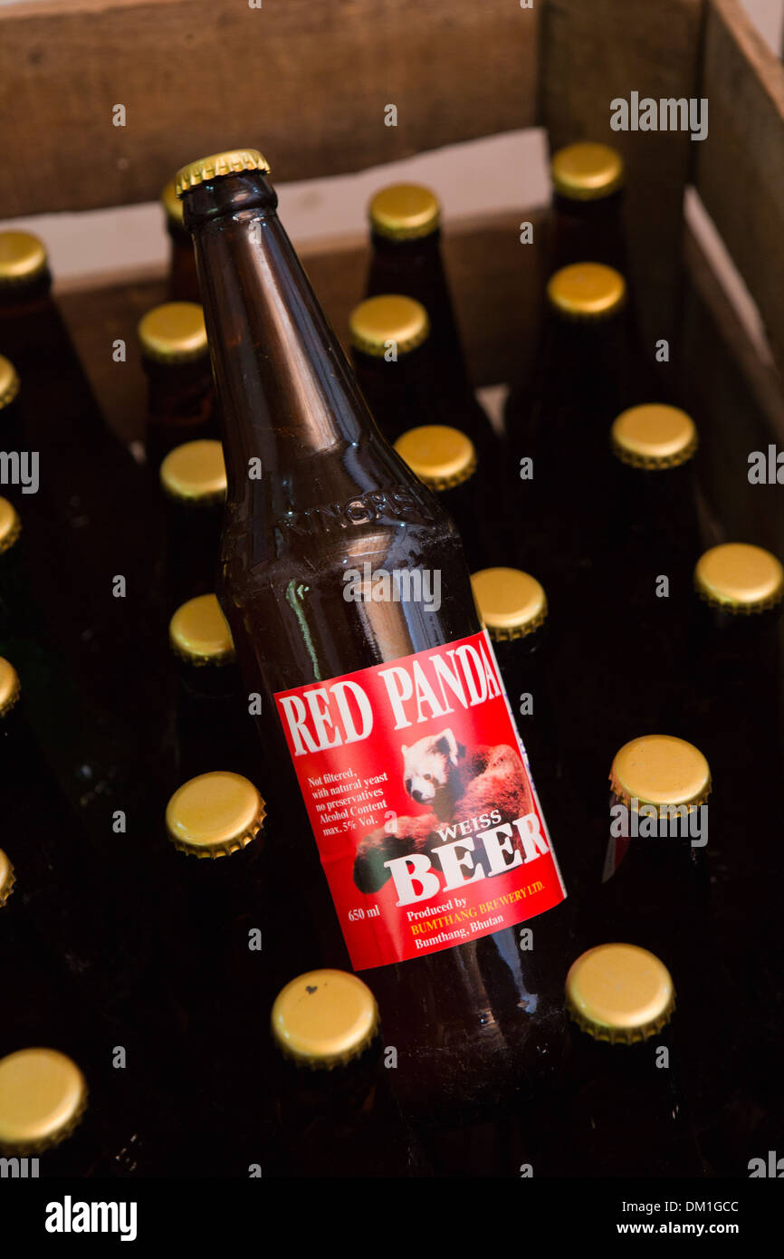 Bhutan, Choskhor Valley, Bumthang brewery, bottles of Red Panda Beer ...