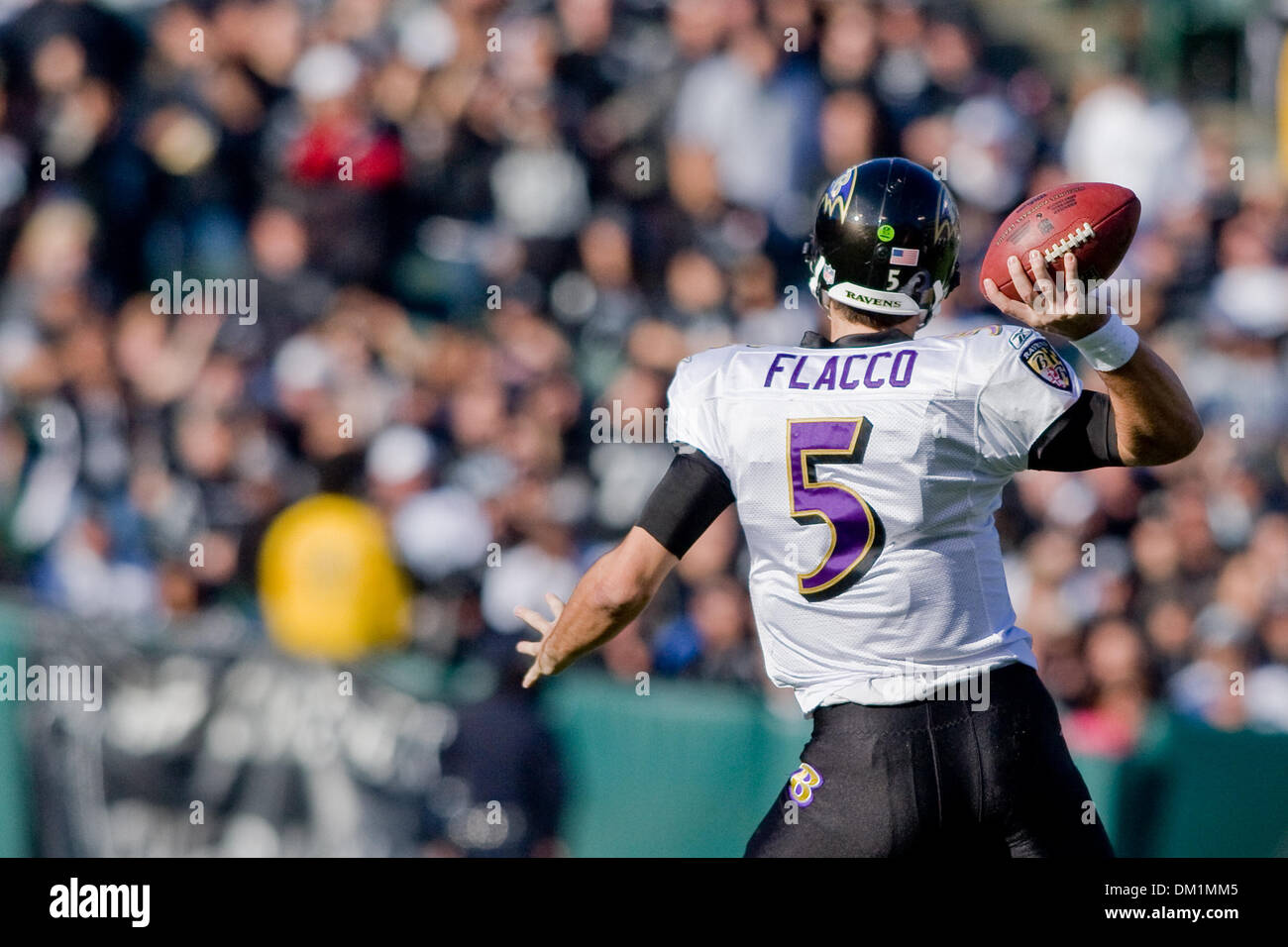 Ravens quarterback Joe Flacco (5) during game action at the Oakland ...