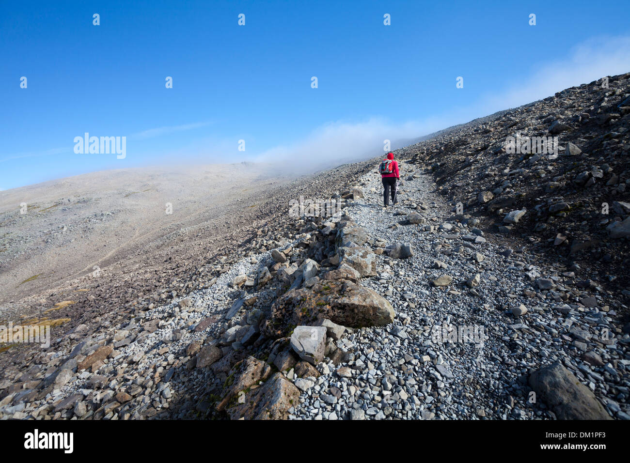 Ben Nevis, Scotland. A walker heads towards the summit on the pony ...