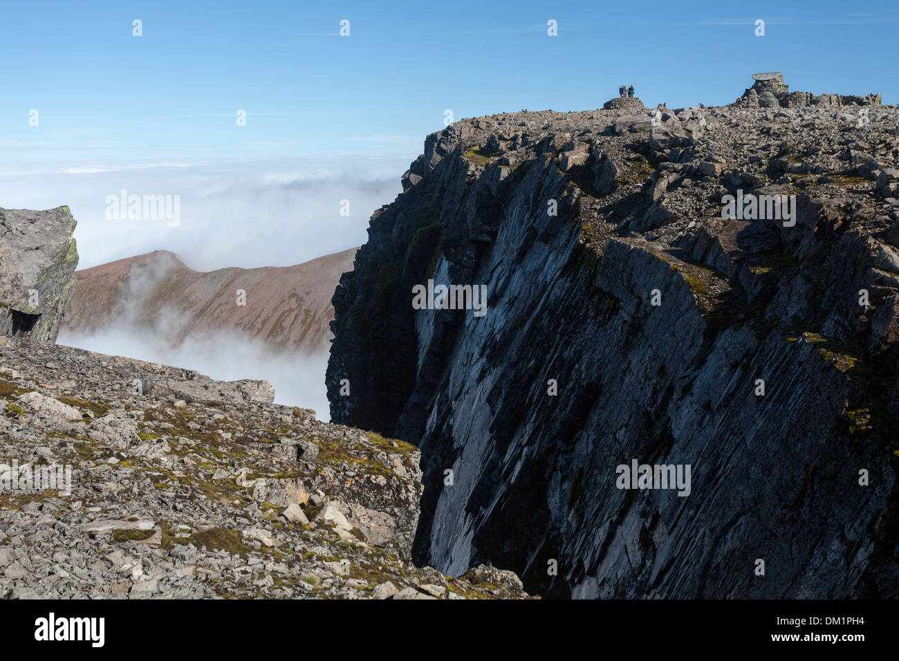 Ben Nevis summit with trig point cairn and observatory tower Stock ...
