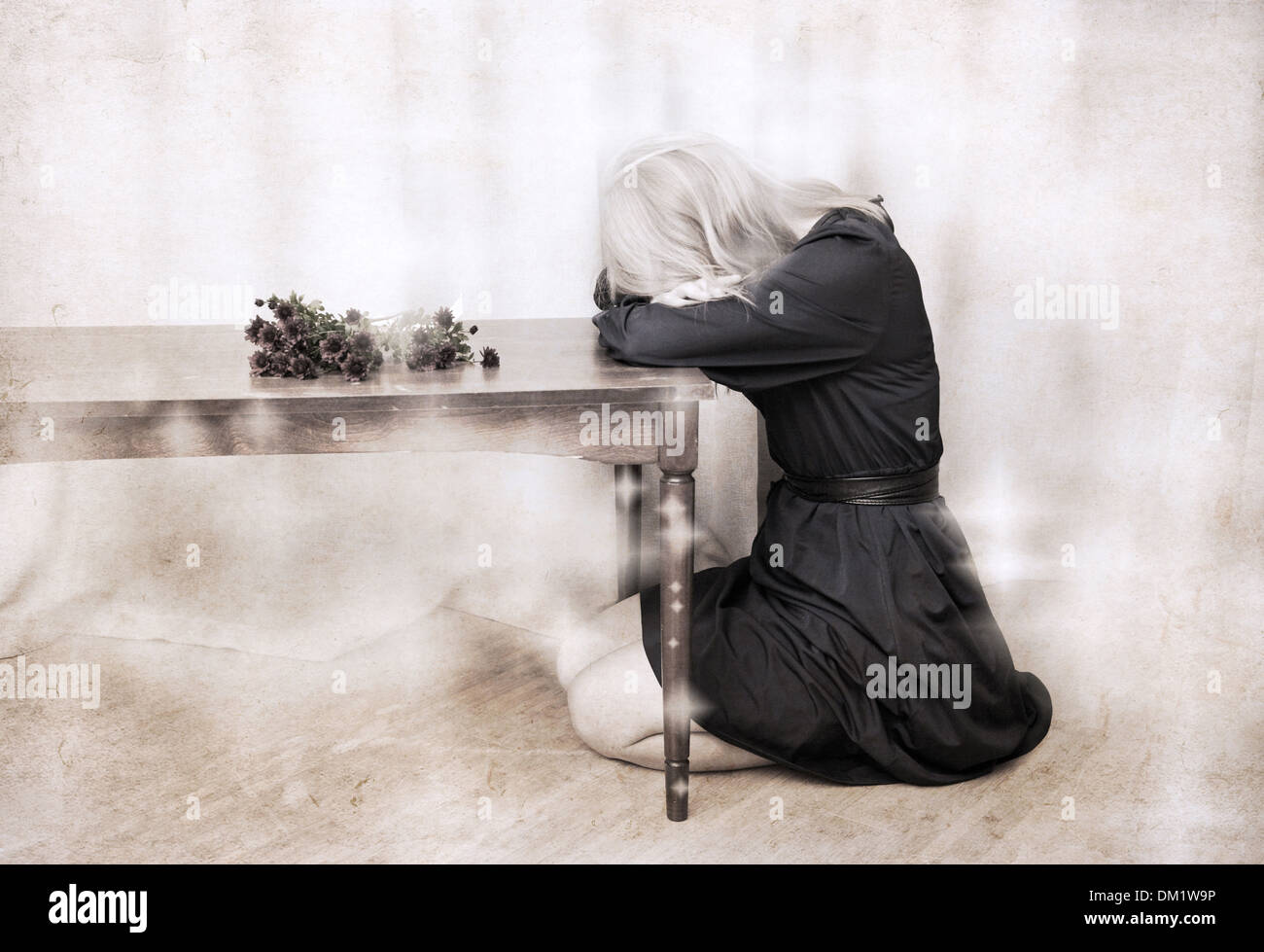 artwork in retro style, sad girl and flowers Stock Photo - Alamy