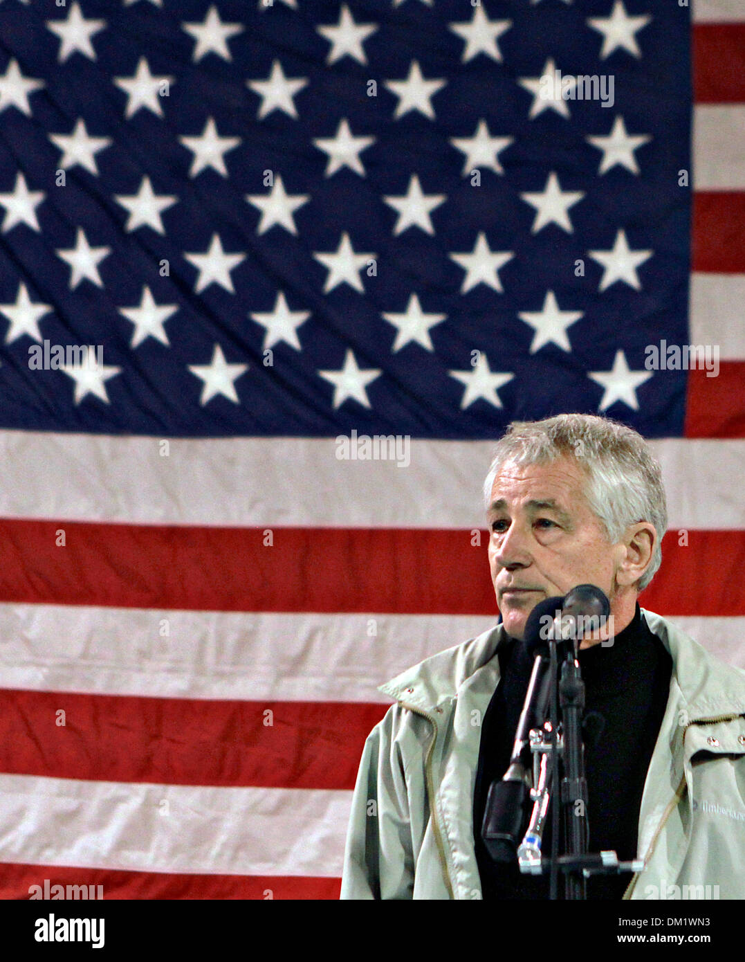 US Secretary of Defense Chuck Hagel speaks to service members with ...