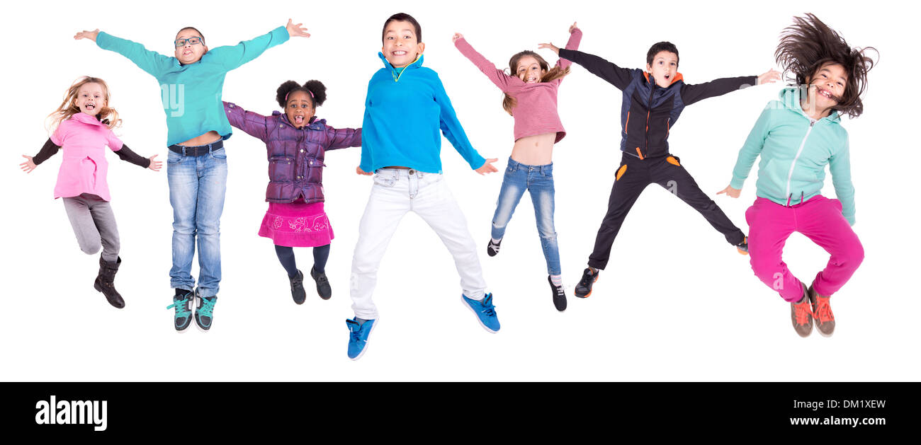 Group of children jumping isolated in white Stock Photo - Alamy