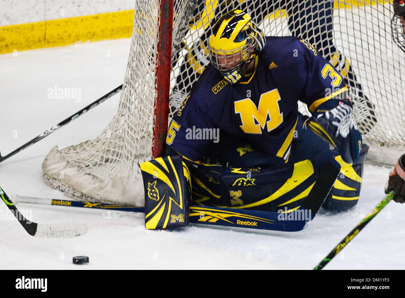 Michigan goaltender Bryan Hogan protects the corner of the net during ...