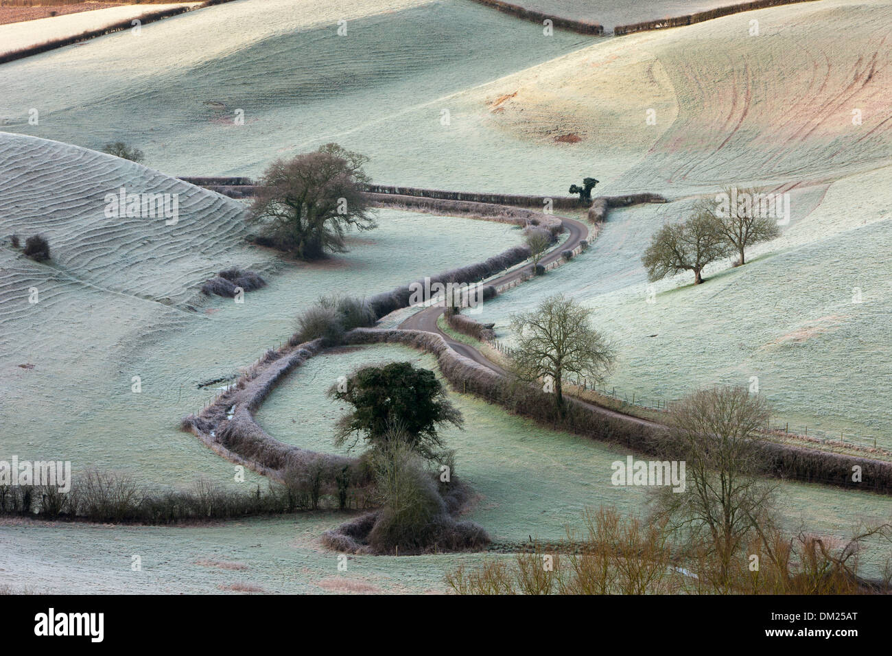 a frosty morning overlooking the road to Oborne, Dorset, England Stock ...