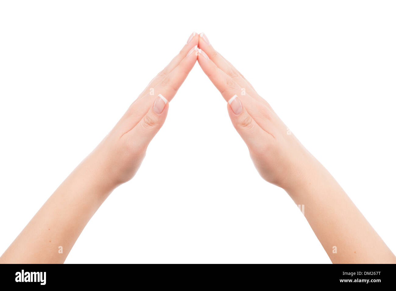 Woman hands showing home symbol gesture, isolated on white background ...