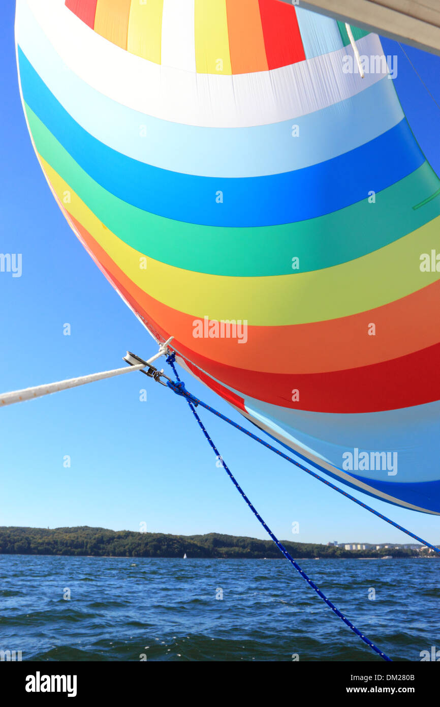 The wind has filled the spinnaker on sailing yacht. Detail of a ...