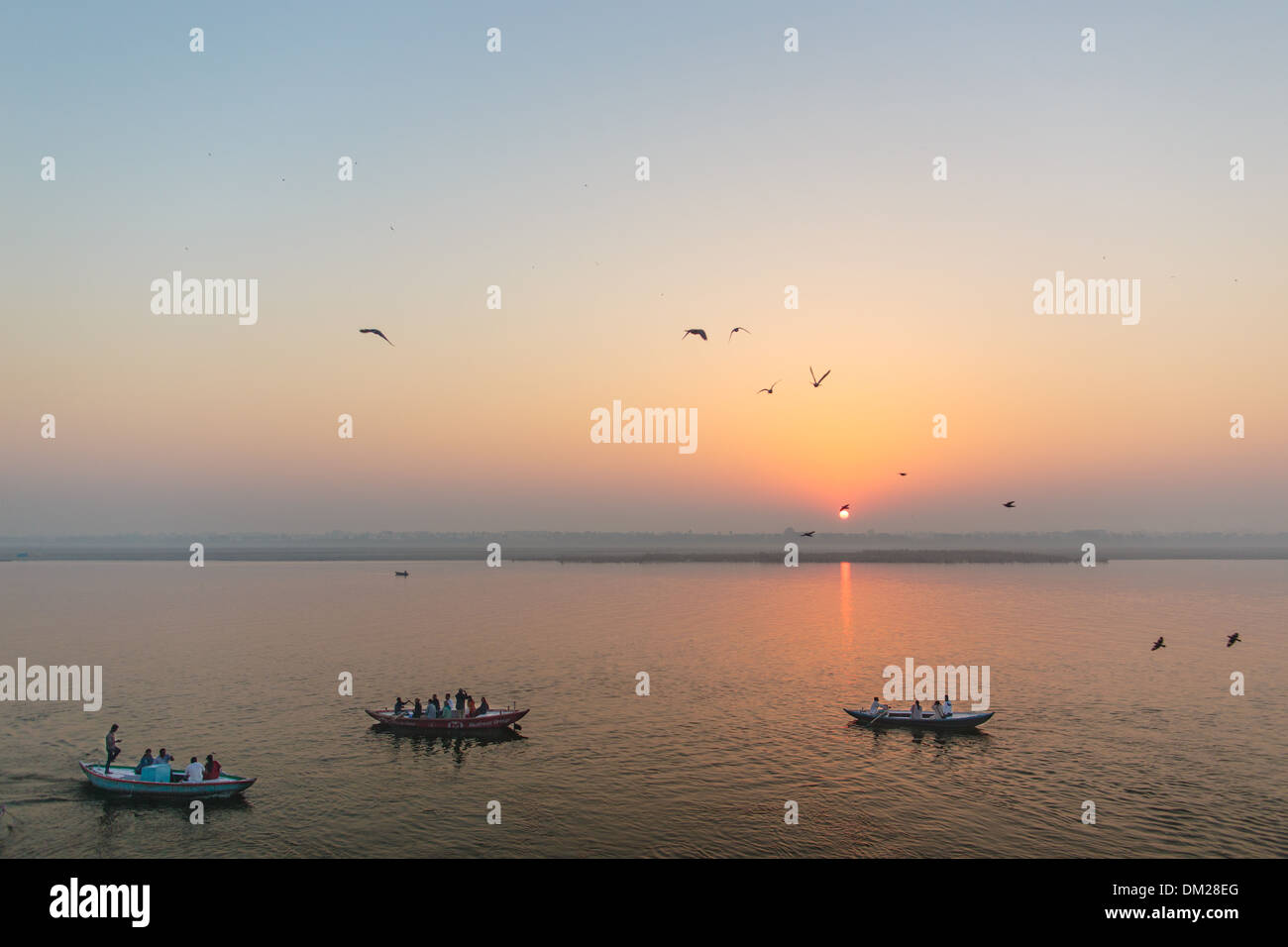 Boats float along the Ganges during morning Puja prayer as birds fly ...