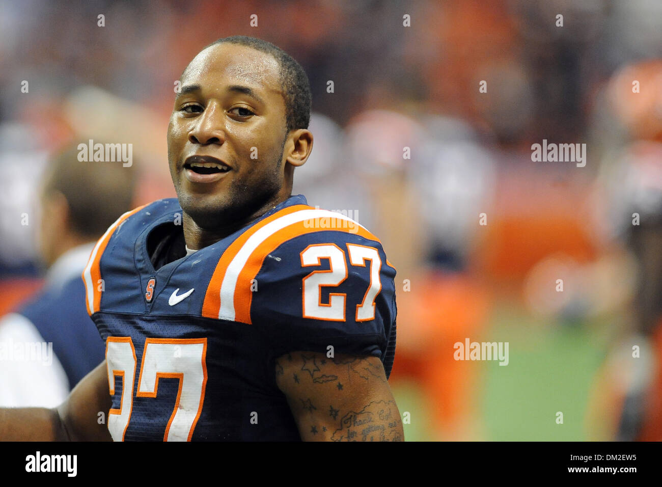 Syracuse running back Averin Collier (27) walks off the field following ...