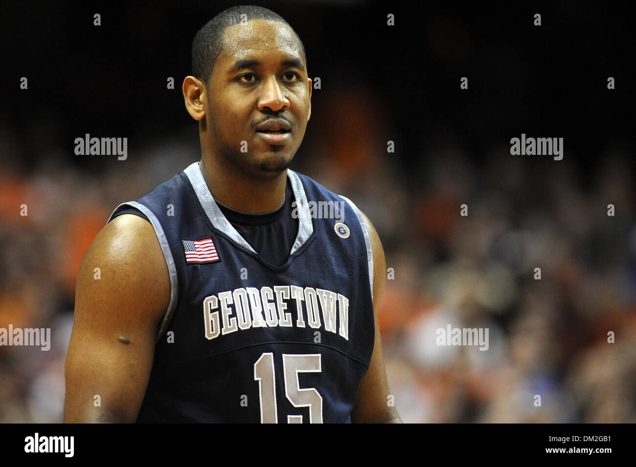 Georgetown guard Austin Freeman (15) waits for play to resume during a ...