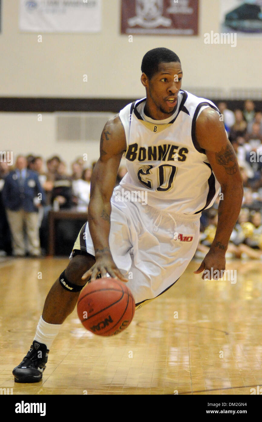 St. Bonaventure guard Malcolm Eleby (20) dribbles into the corner in ...