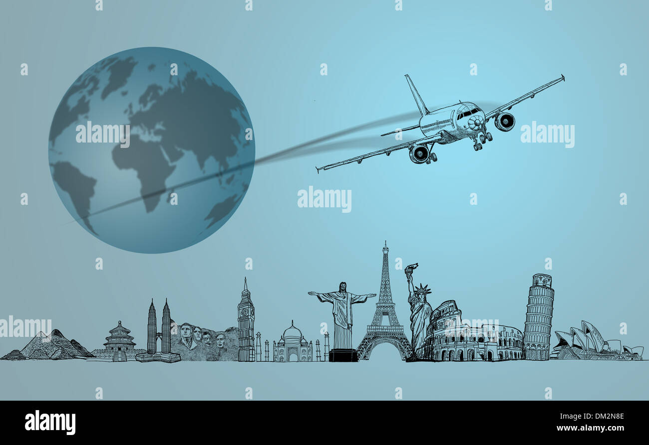 Airplane travel in the world ,around the global with sketch drawing ...