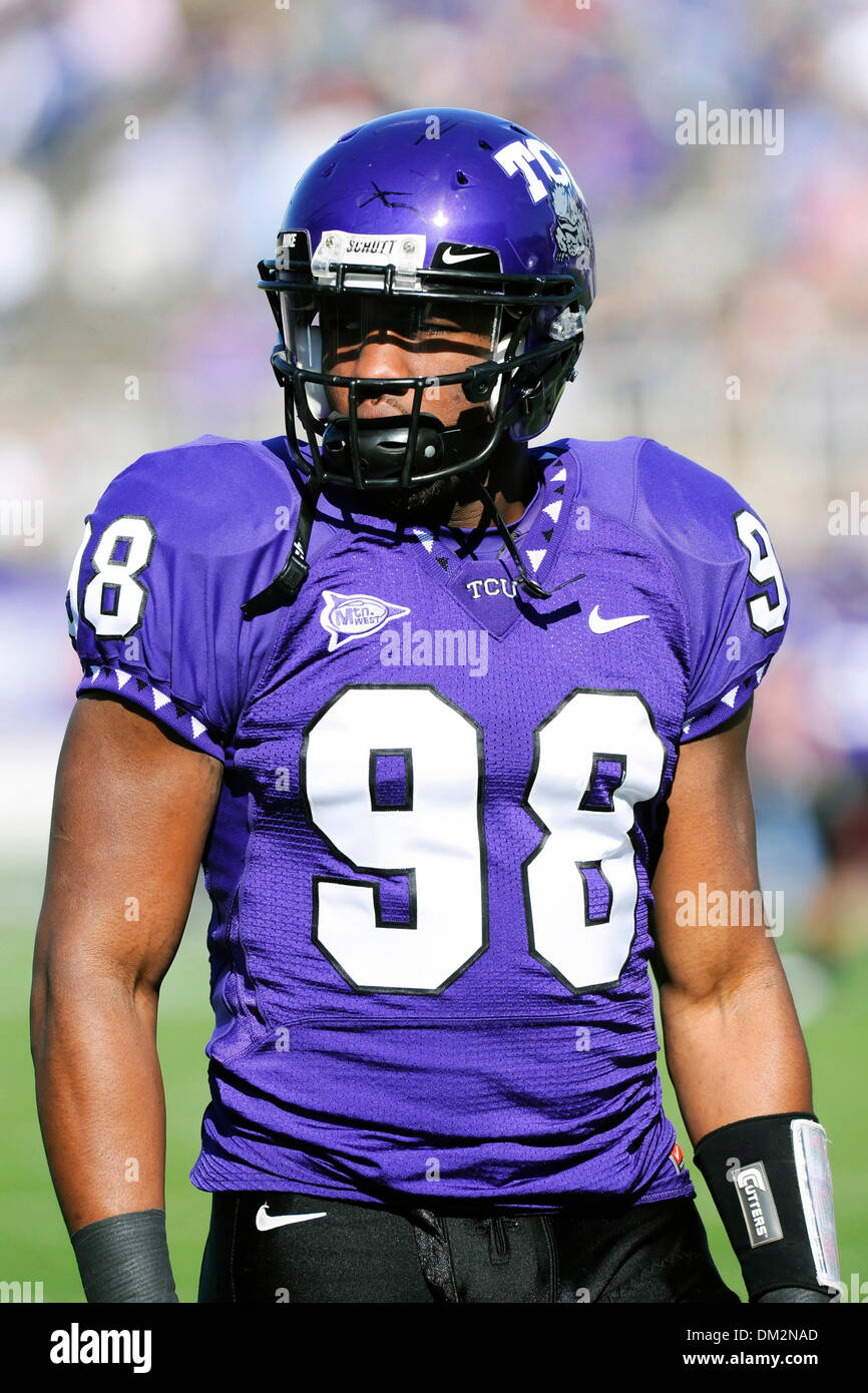 TCU DE Jerry Hughes (98) prepares for his last regular season game ...