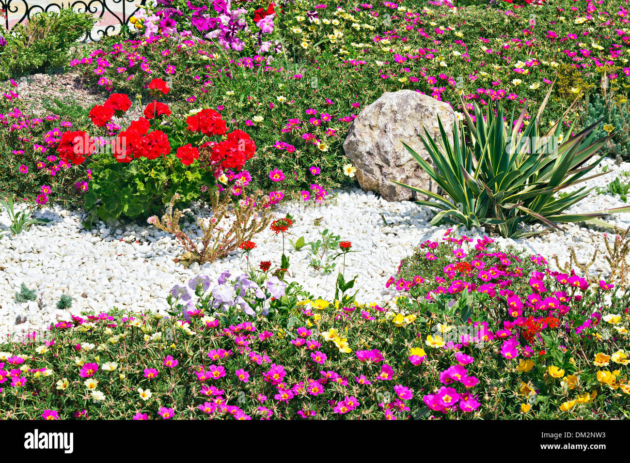bed with blooming flowers with design elements Stock Photo - Alamy