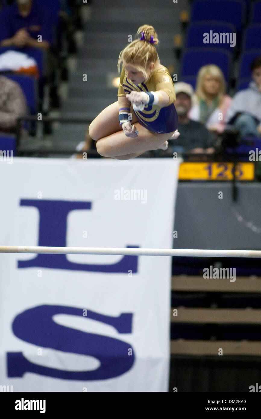 Alabama at LSU; LSU's Kayla Rogers dismounts the uneven bars during a ...