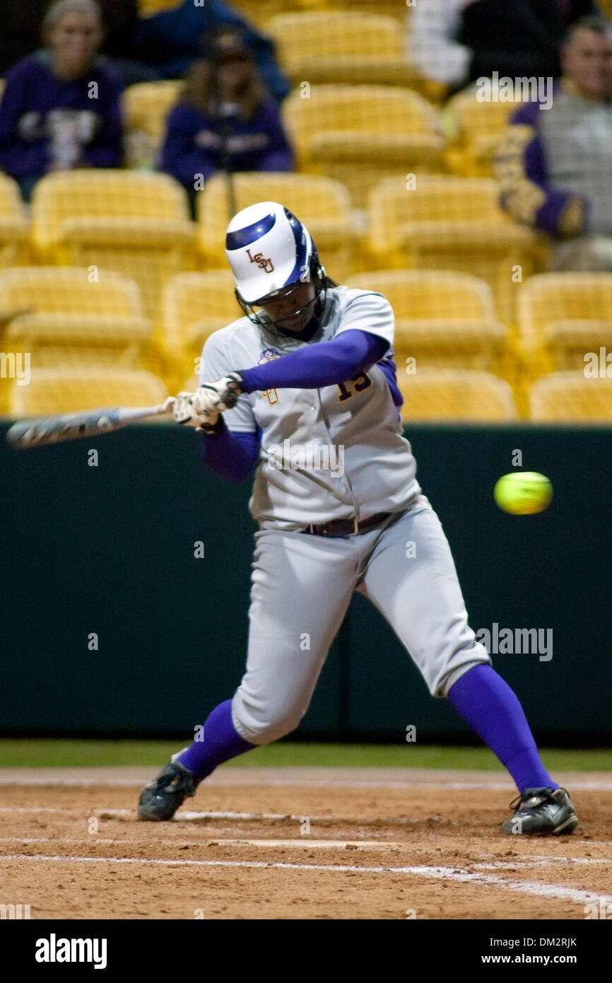 Louisiana-Monroe at LSU; LSU first baseman Anissa Young hits a pitch ...