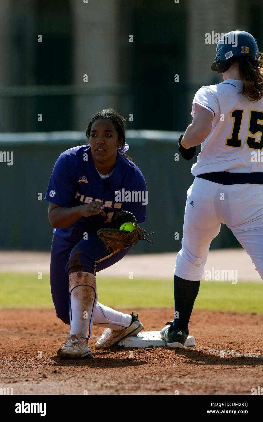 Michigan at LSU; LSU first baseman Anissa Young makes an out during a ...