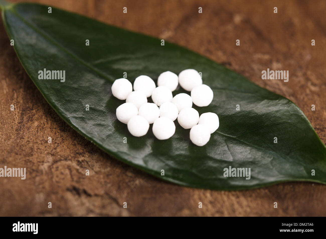 Homeopathy pills on the green leaf closeup Stock Photo - Alamy
