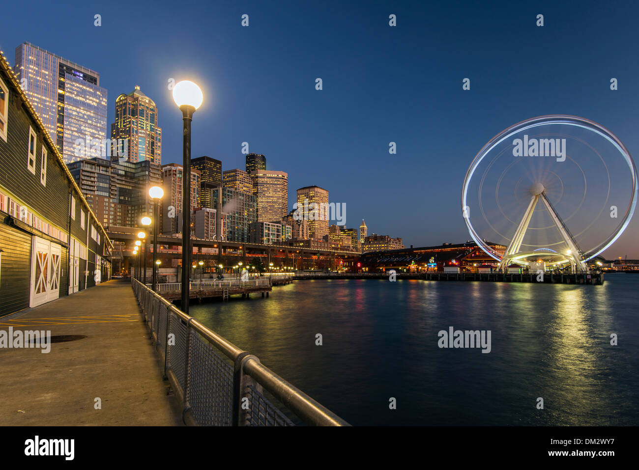 Waterfront and Great Wheel by night, Seattle, Washington, USA Stock ...