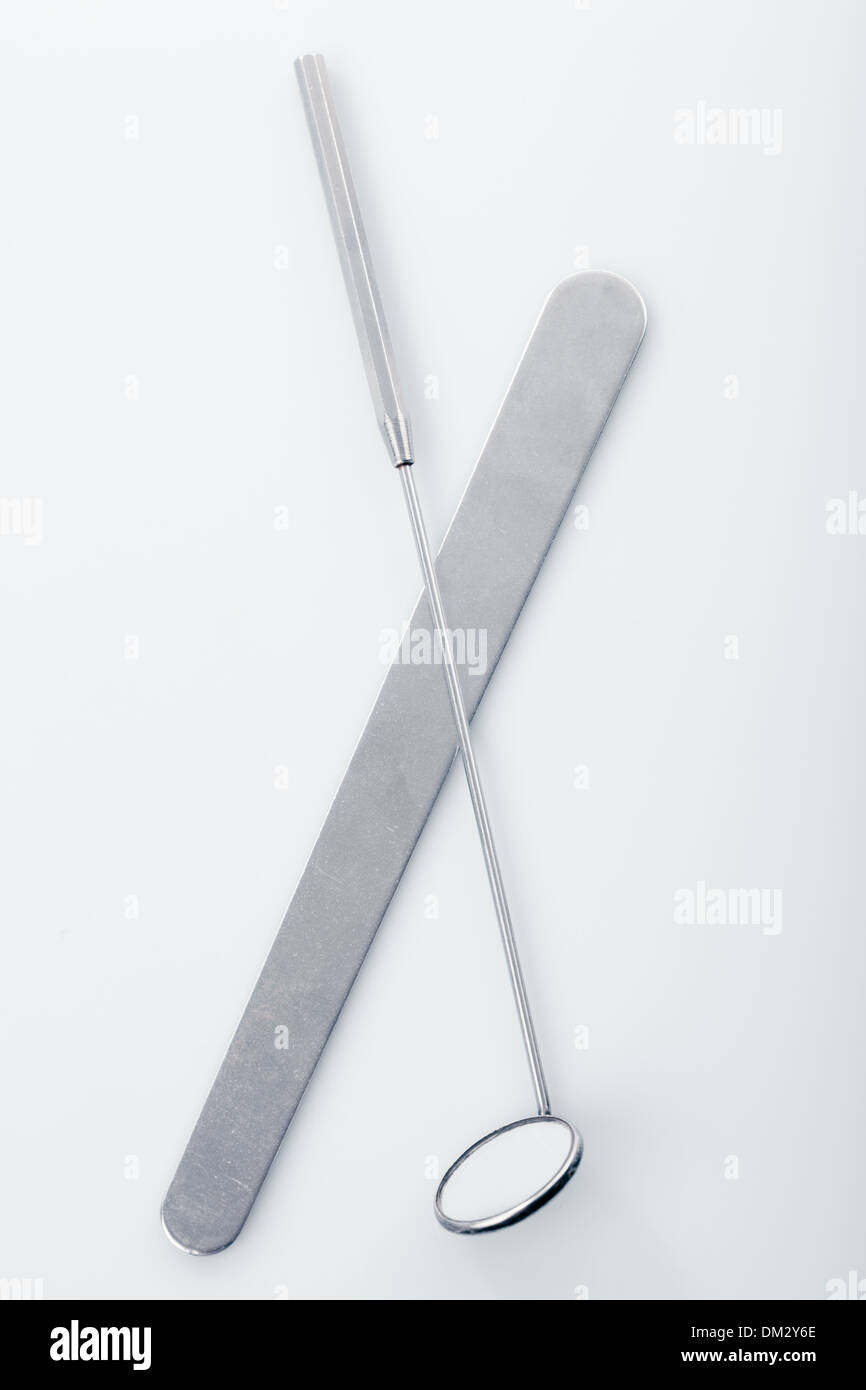 Medical instruments for ENT doctor: mirror and scapula for throat ...