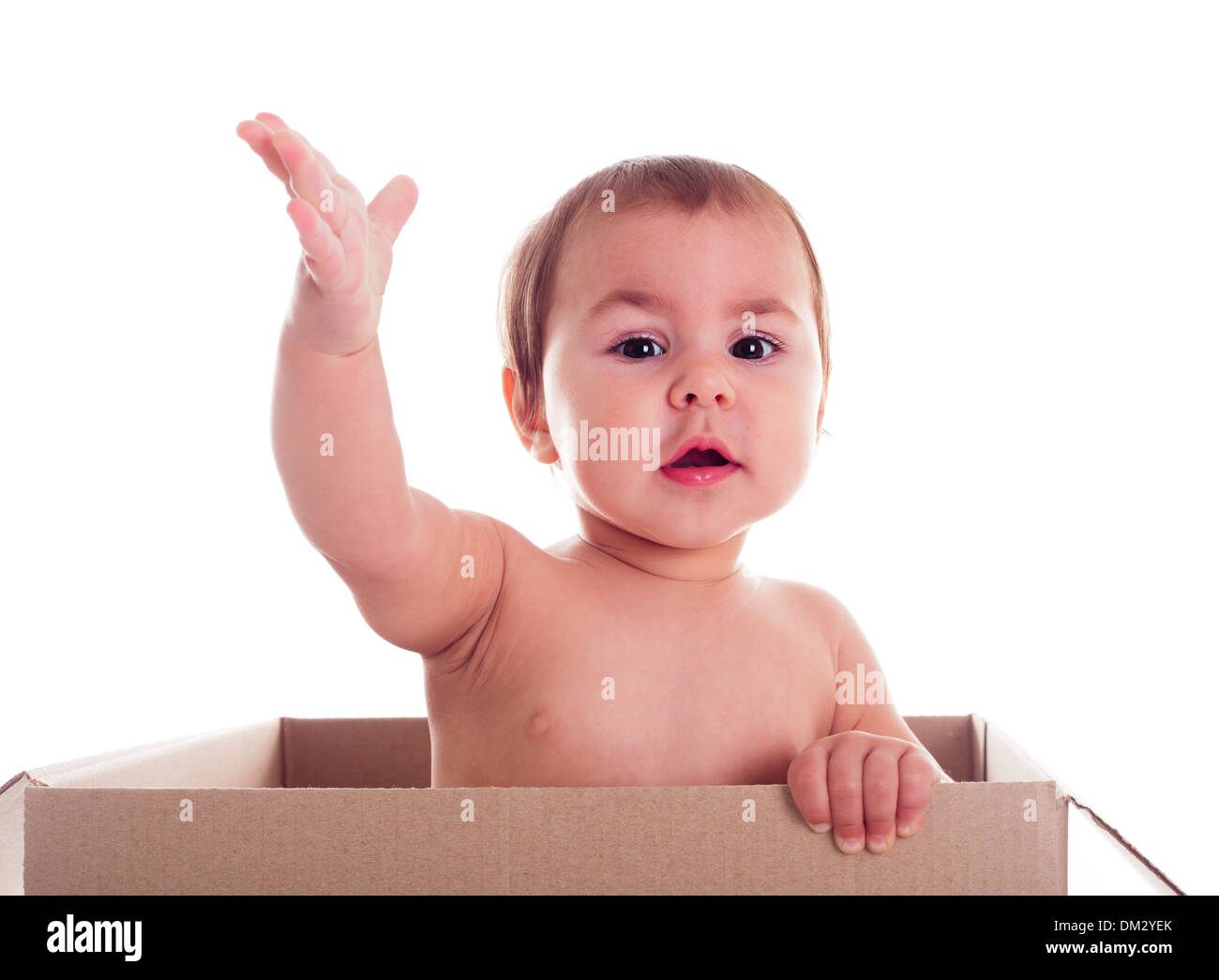A small child (baby) crawls out of the box isolated Stock Photo - Alamy