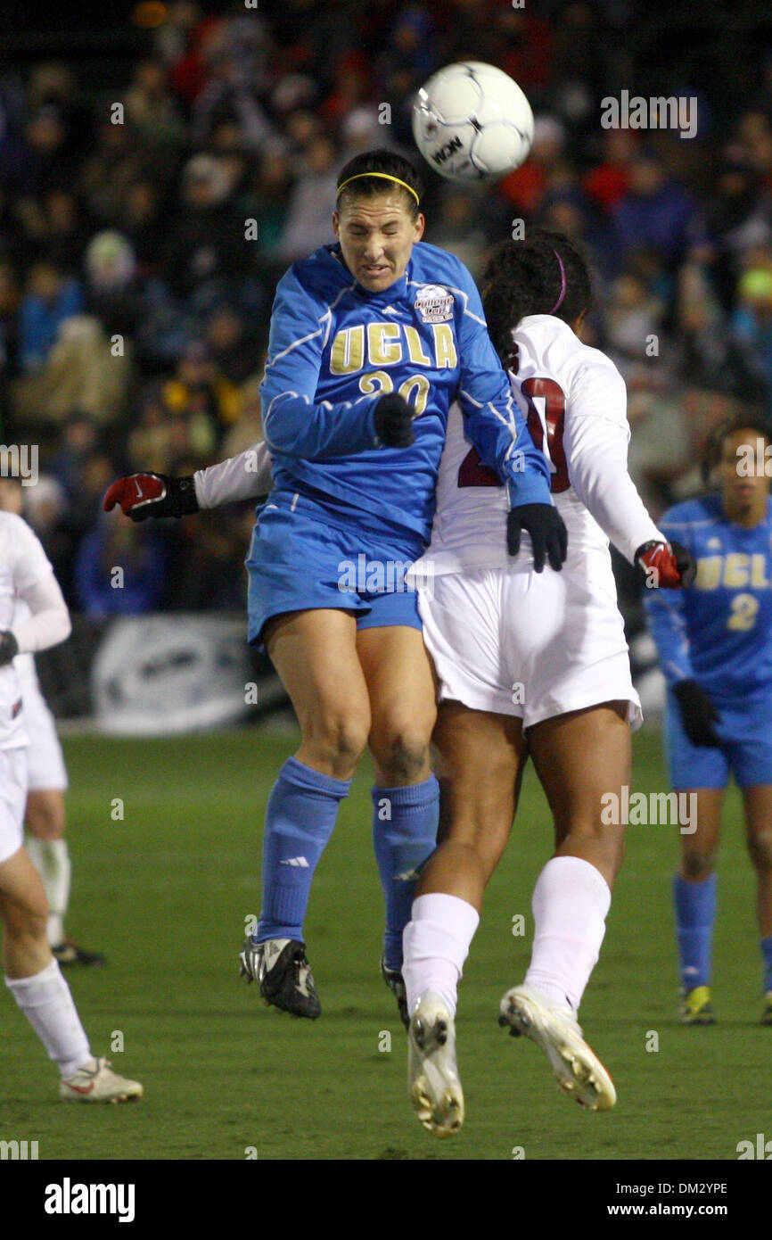 UCLA Forward Kristina Larsen (20) heads the ball in the econd half ...