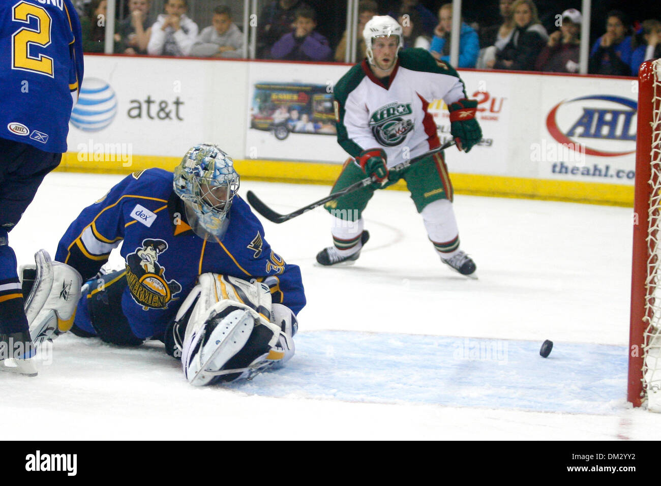 Houston Aeros Defenseman Andy Hilbert (39) scores in the second perion ...