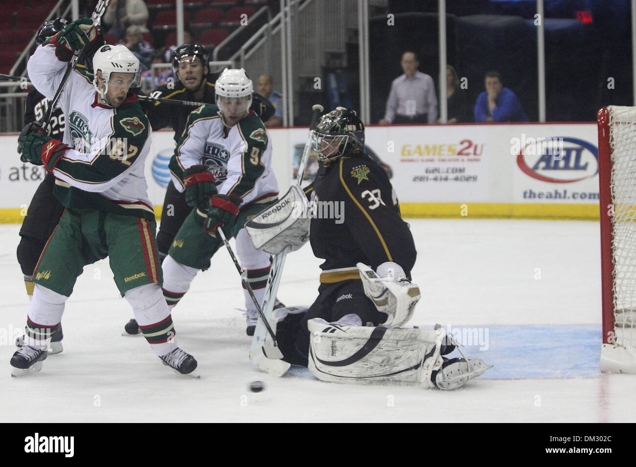 Texas Stars Goalie Matt Climie (33) makes the kick save on a shot from ...