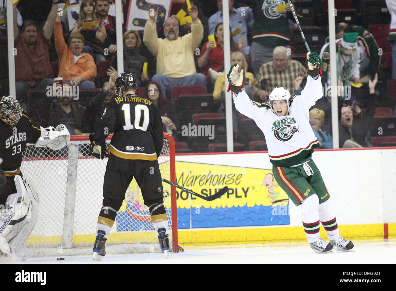 Houston Aeros Right Wing Danny Irmen (19) celebrates the Aeros Goal ...