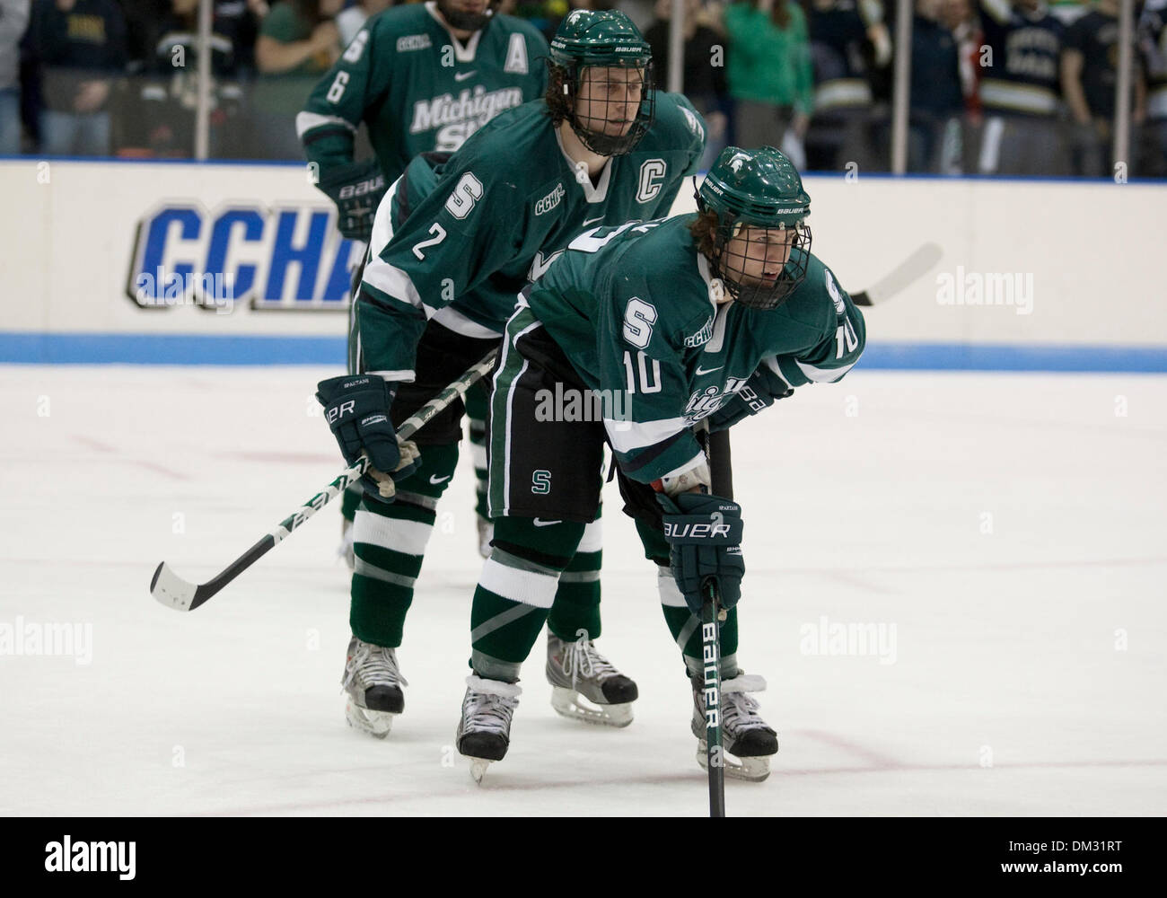 Michigan State players Dustin Gazley (10) and Jeff Petry (2) in game ...