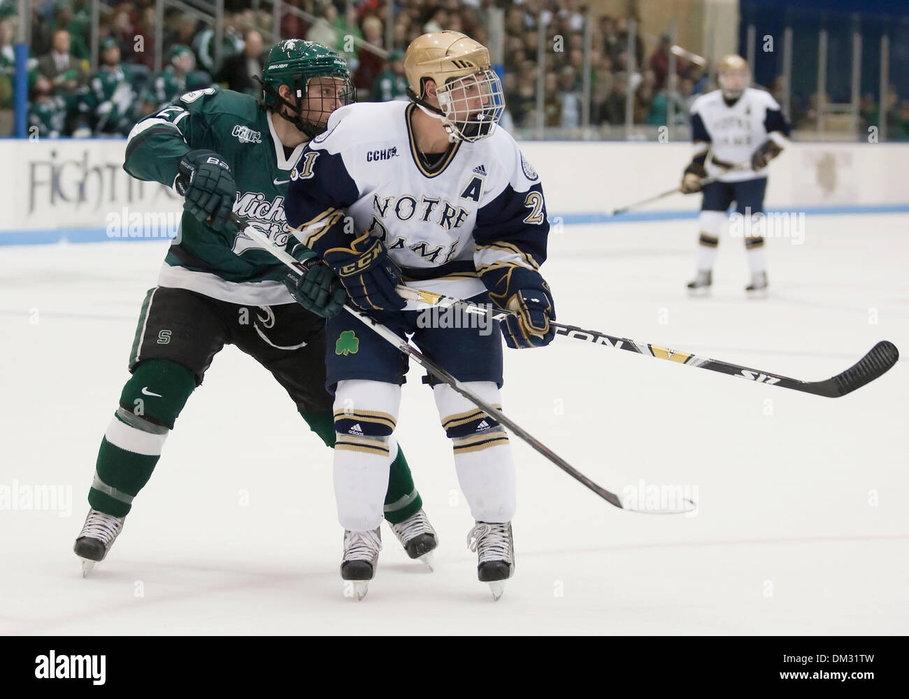 Michigan State Defenseman Matt Crandell (21) and Notre Dame Center ...
