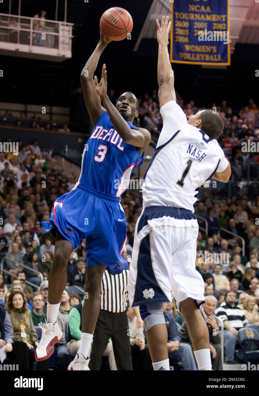 DePaul Forward Devin Hill (3) takes shot over Notre Dame Forward Tyrone ...