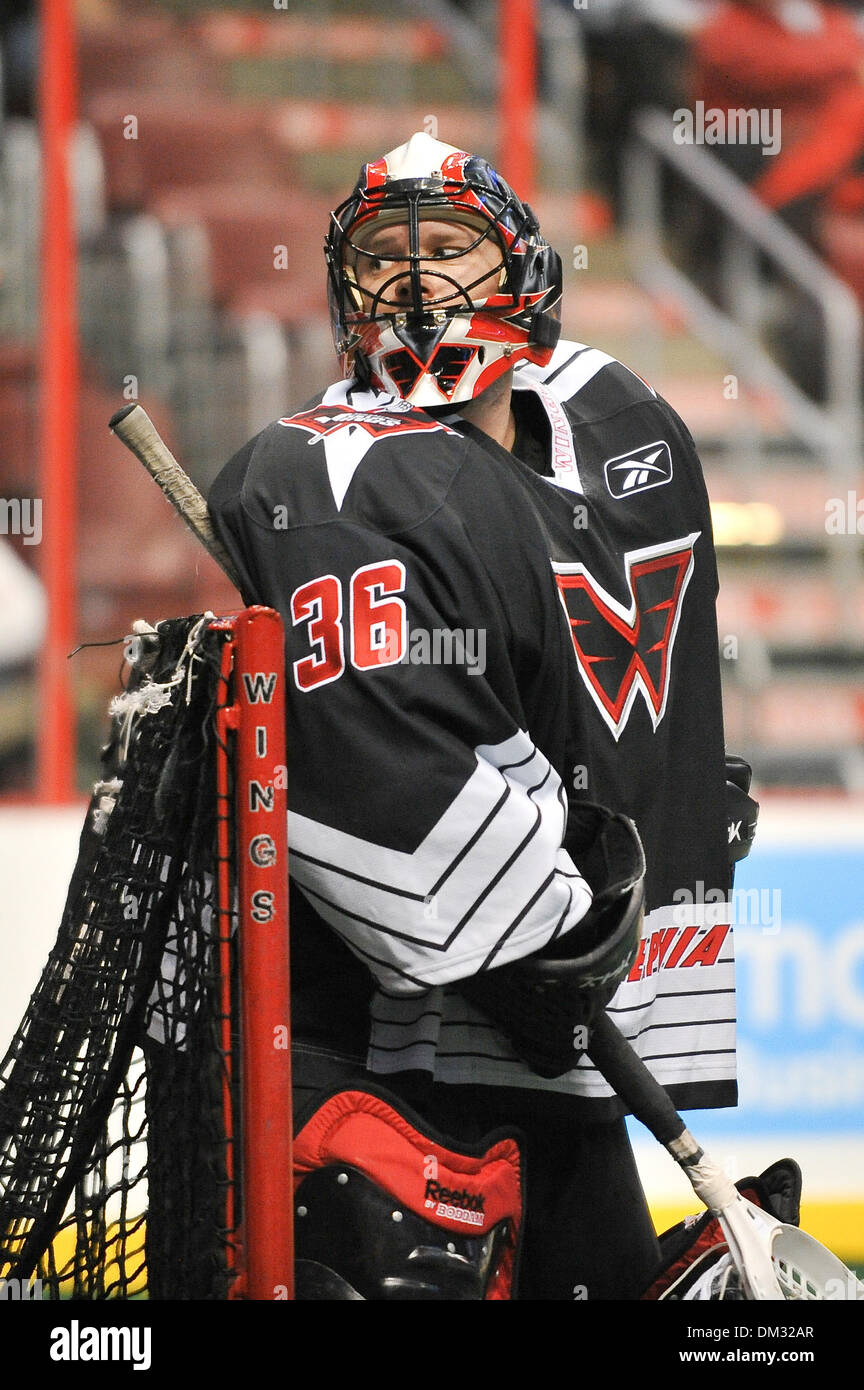 Philadelphia Wings Goalie Brandon Miller #36 watches the action behind ...