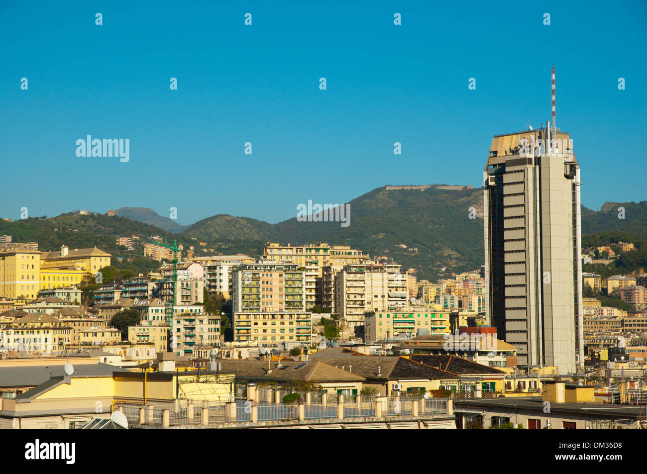 View over city centre towards the mountains Genoa Liguria region Italy ...
