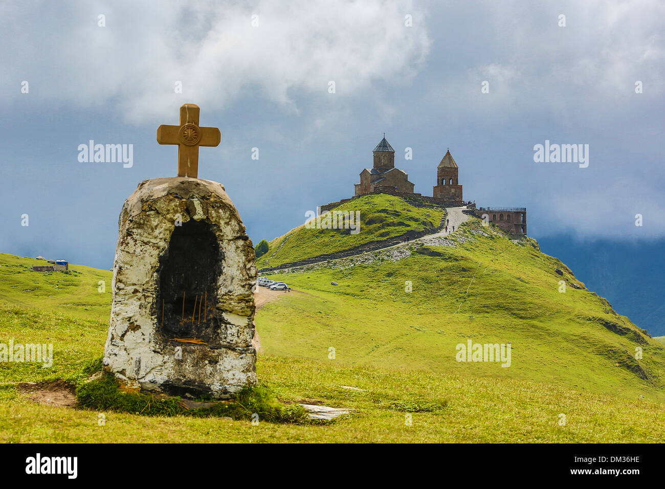 Church Gergeti Kazbegui Trinity Caucasus cross famous Georgia Caucasus ...