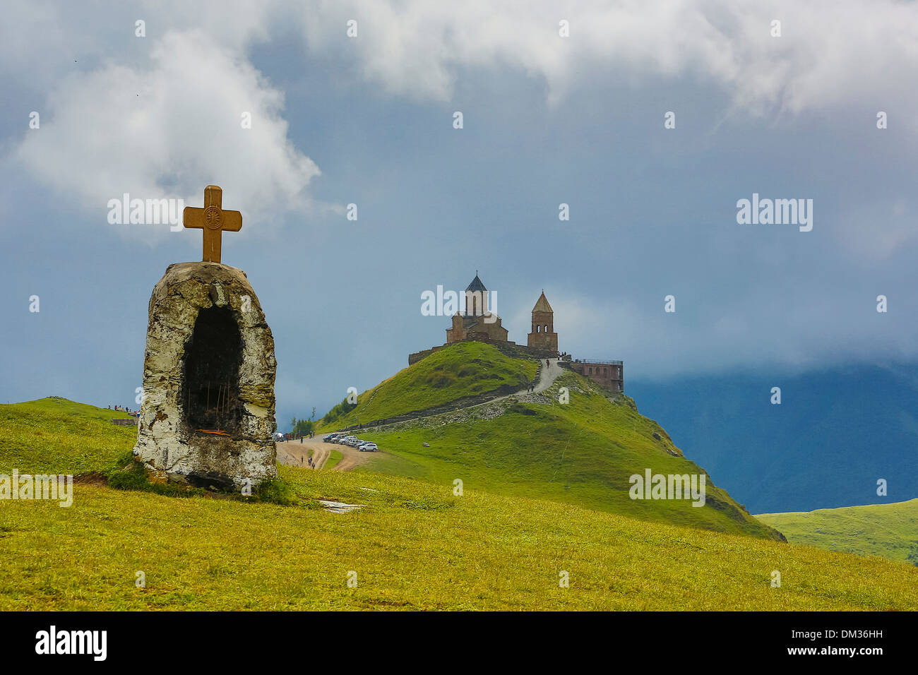 Church Gergeti Kazbegui Trinity Caucasus cross famous Georgia Caucasus ...