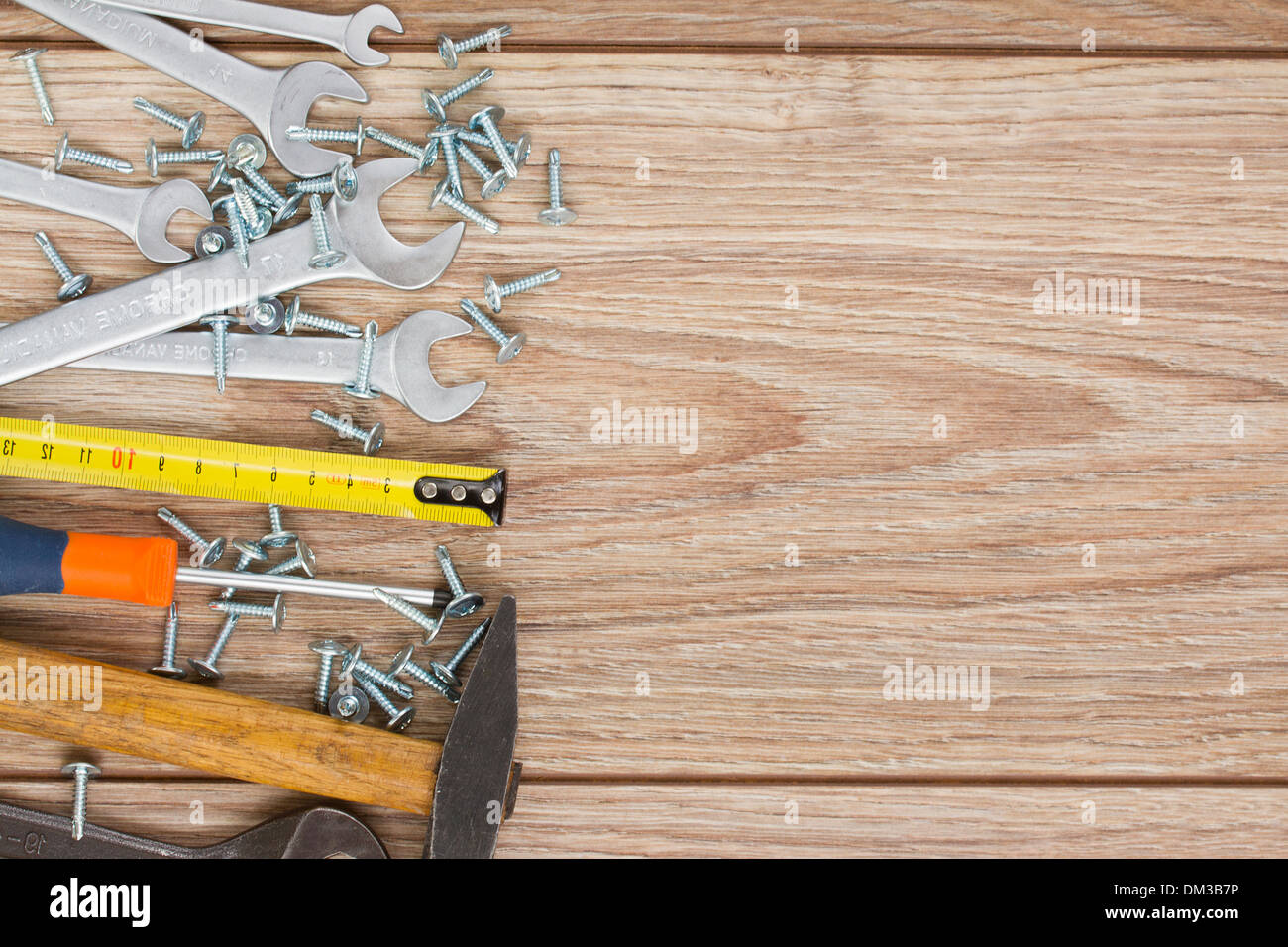 tools kit border on wood Stock Photo - Alamy