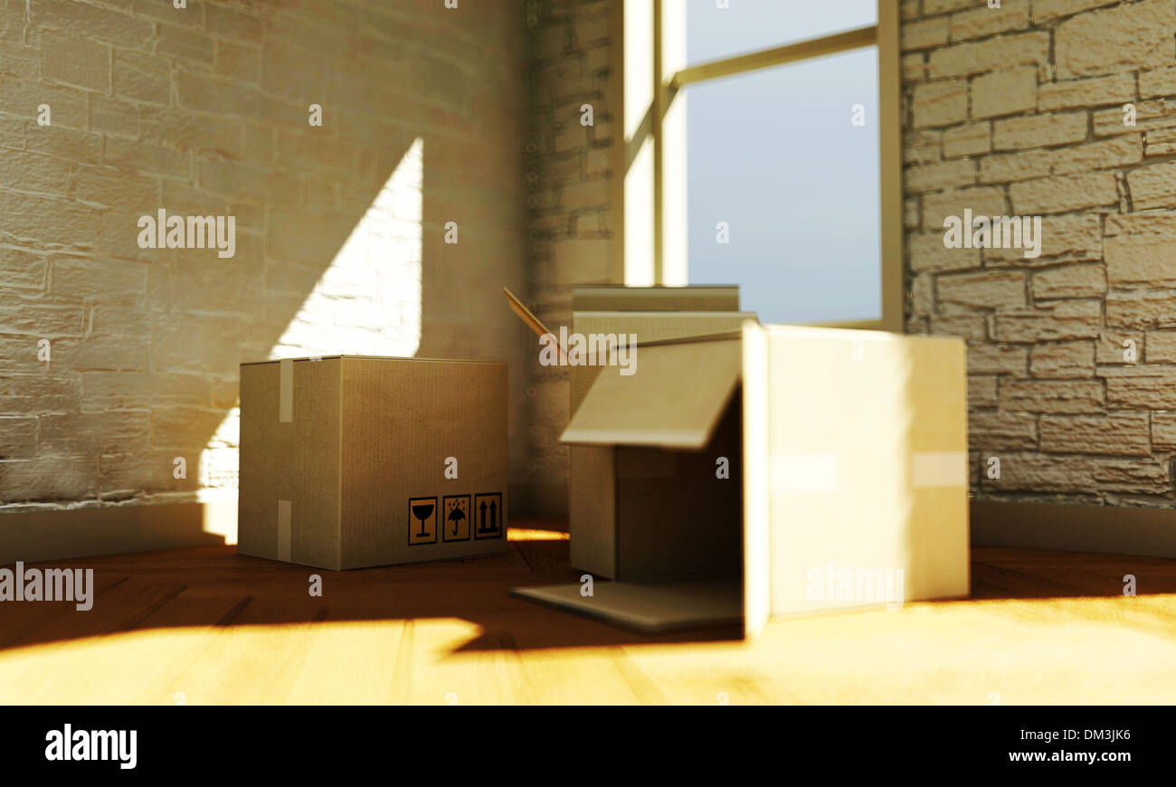 cardboard boxes on wooden floor Stock Photo - Alamy