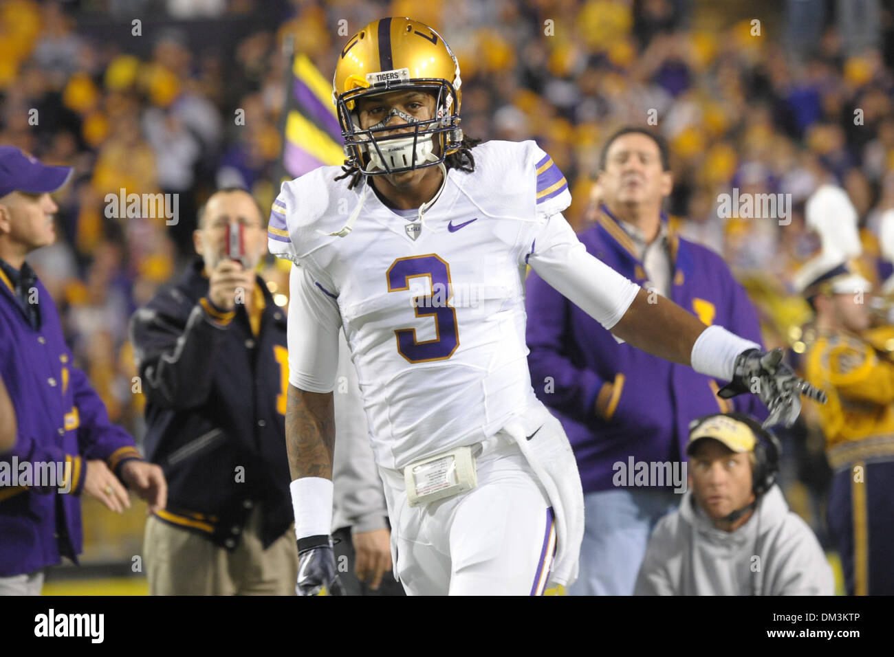 LSU safety, #3 Chad Jones, takes the field prior to an SEC West game ...