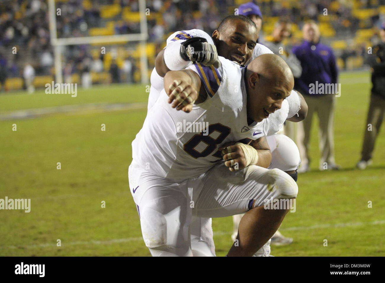 LSU players, #84 Rahim Alem and #78 Joseph Barksdale, celebrate ...