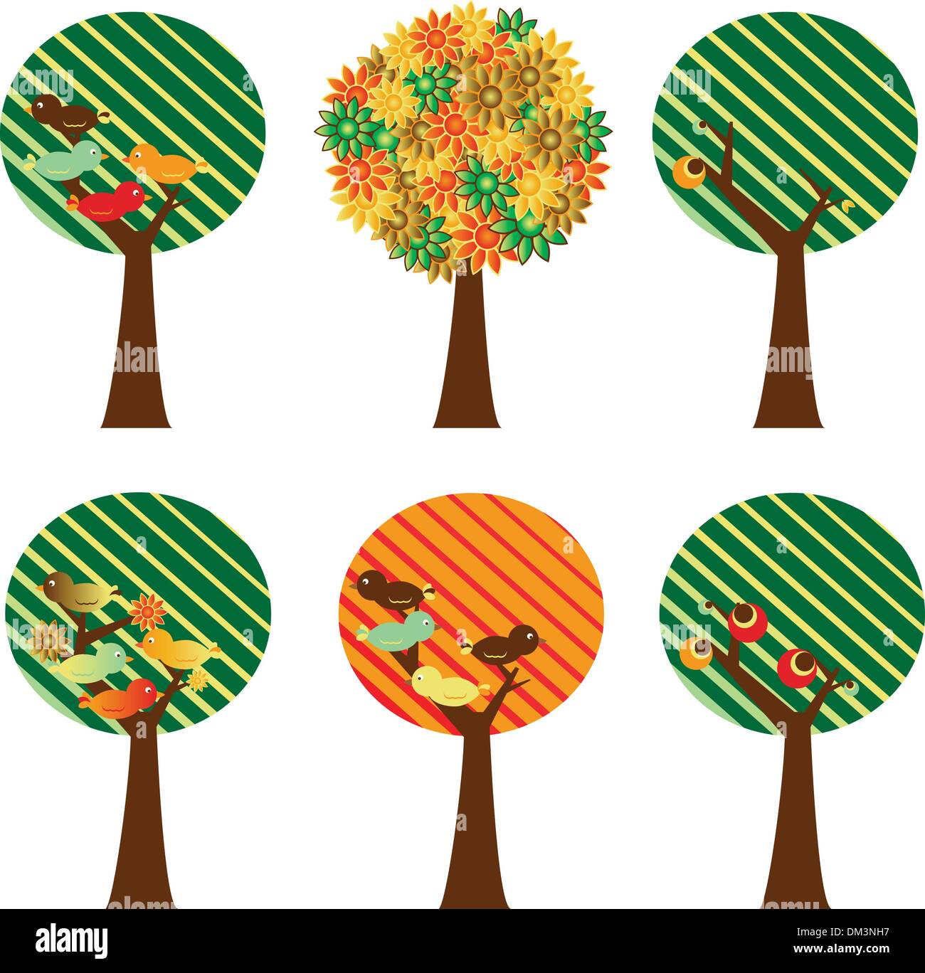 Set of 6 retro trees with flowers hi-res stock photography and images ...