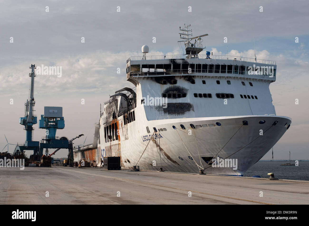The fire damaged ro/pax-ferry M/V Lisco Gloria at the Lindø Terminalen ...