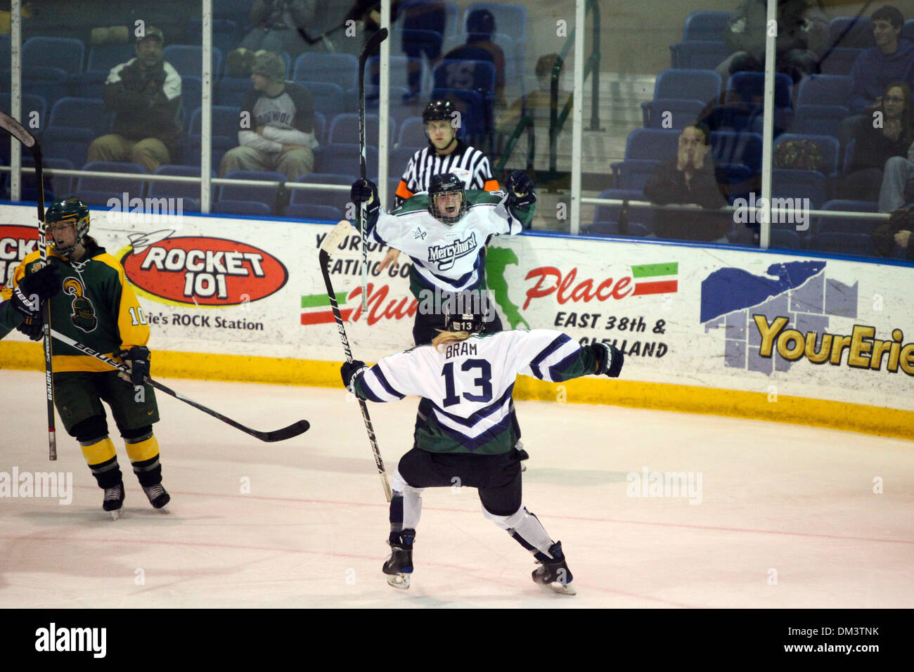 Mercyhurst's Pamela Zgoda (4) reacts with fellow teammate Bailey Bram ...