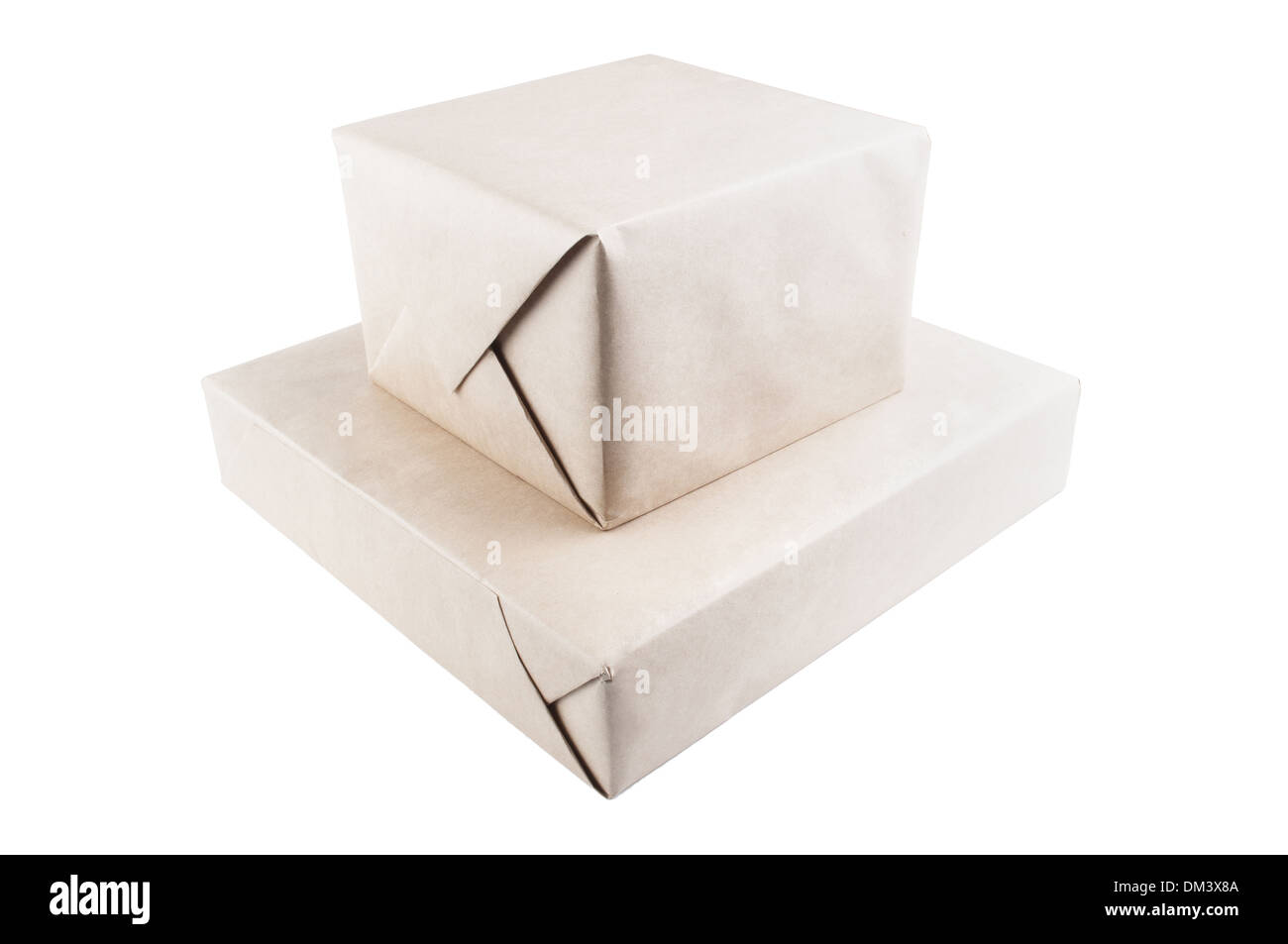 Two parcel wrapped with brown packing paper isolated on white Stock ...