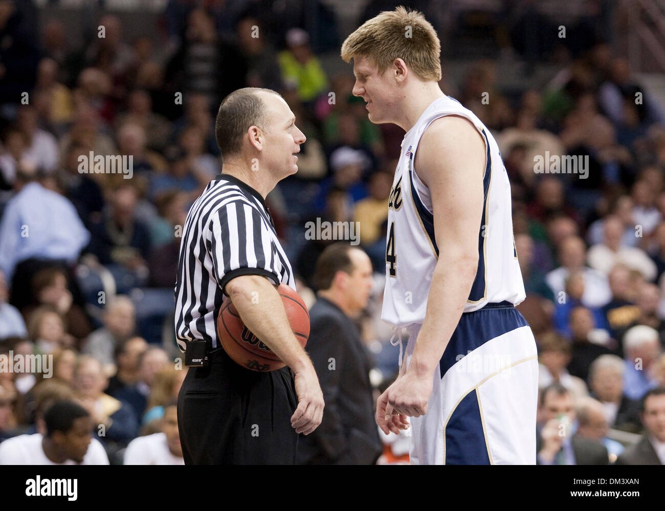 Notre Dame Forward Luke Harangody (44) has conversation with referee ...