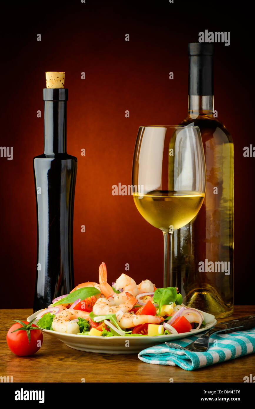 still life with shrimp seafood salad and white wine Stock Photo - Alamy