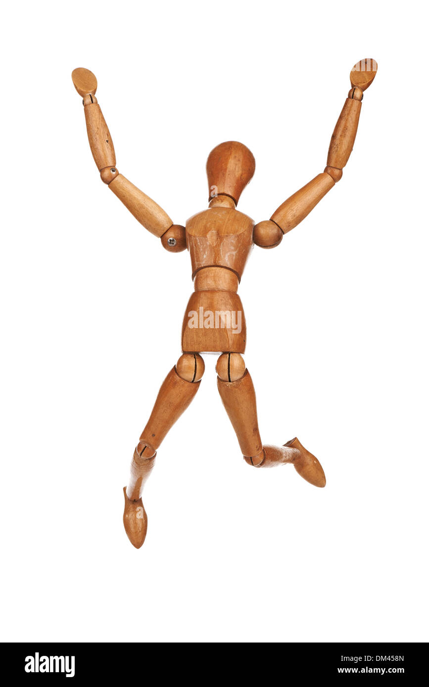 Happy wooden dummy in jump action isolated on white background Stock ...